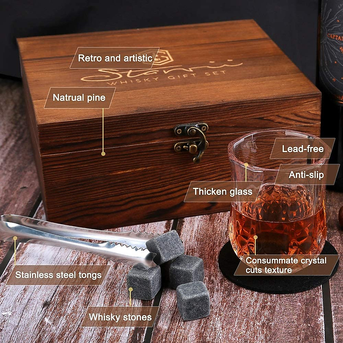 Whisky Glass Set for Men, Elegant Whisky Stones Set Included 8 Granite Whisky Rocks Chilling Stones and 2 Whisky Glasses, Nice Gift for Father’s Day, Valentine's Day and Anniversary