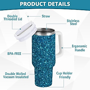 Blue Glitter Texture 40 oz Tumbler with Handle and Straw Lid, Sparkling Sequins Insulated Coffee Cup Reusable Stainless Steel Water Bottle Travel Mug Cupholder Friendly,Gifts for Women Men
