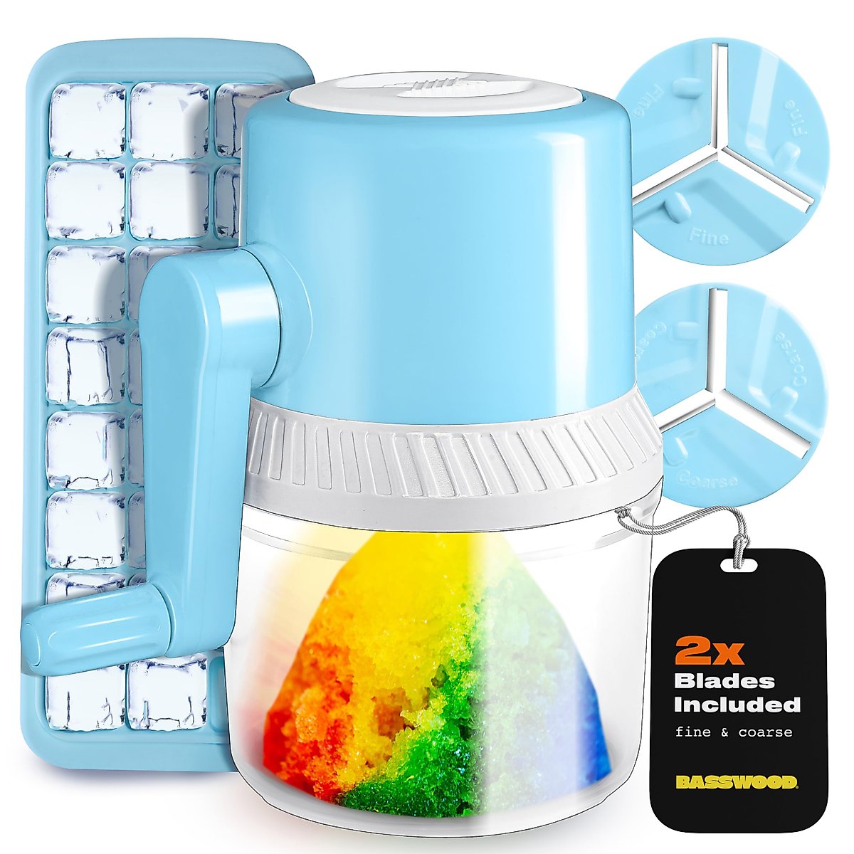 Manual Ice Shaver - Snow Cone Machine with Ice Cube Tray, Stainless Steel Blades, & Large Container - Portable Crushed Ice Machine for Home - Shaved Ice Maker Kit for Kids Snowcones, Slushies & More