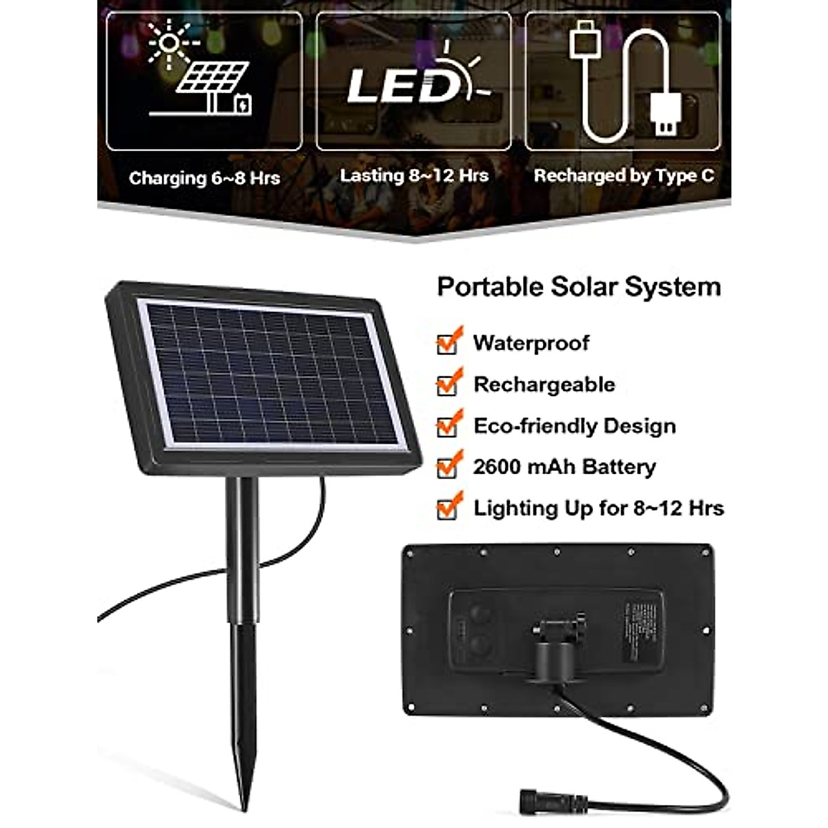 Jevindo Solar Outdoor String Lights, Portable 48ft IP65 Waterproof Patio RGB LED String Lights with 15 LED Bulbs Dimmable Multi-Color, Smart Bluetooth App Control, Balcony, Backyard, Camping, Travel