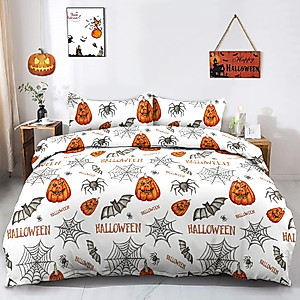 Halloween Duvet Cover Set Queen Fall Pumpkin Spider Cobweb Bat Pattern Duvet Cover, 3 Piece Halloween Themed Bedding Set with Pillowcases, Soft Microfiber Festival Room Decor for Teens Kids(90''x90'')