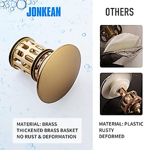 JONKEAN Bathroom Pop Up Drain Without Overflow,Vanity Vessel Sink Drain with Detachable Strainer Basket,Pop Up Drain Stopper Hair Catcher, Built-in Anti-Clogging Strainer(Brushed Gold)