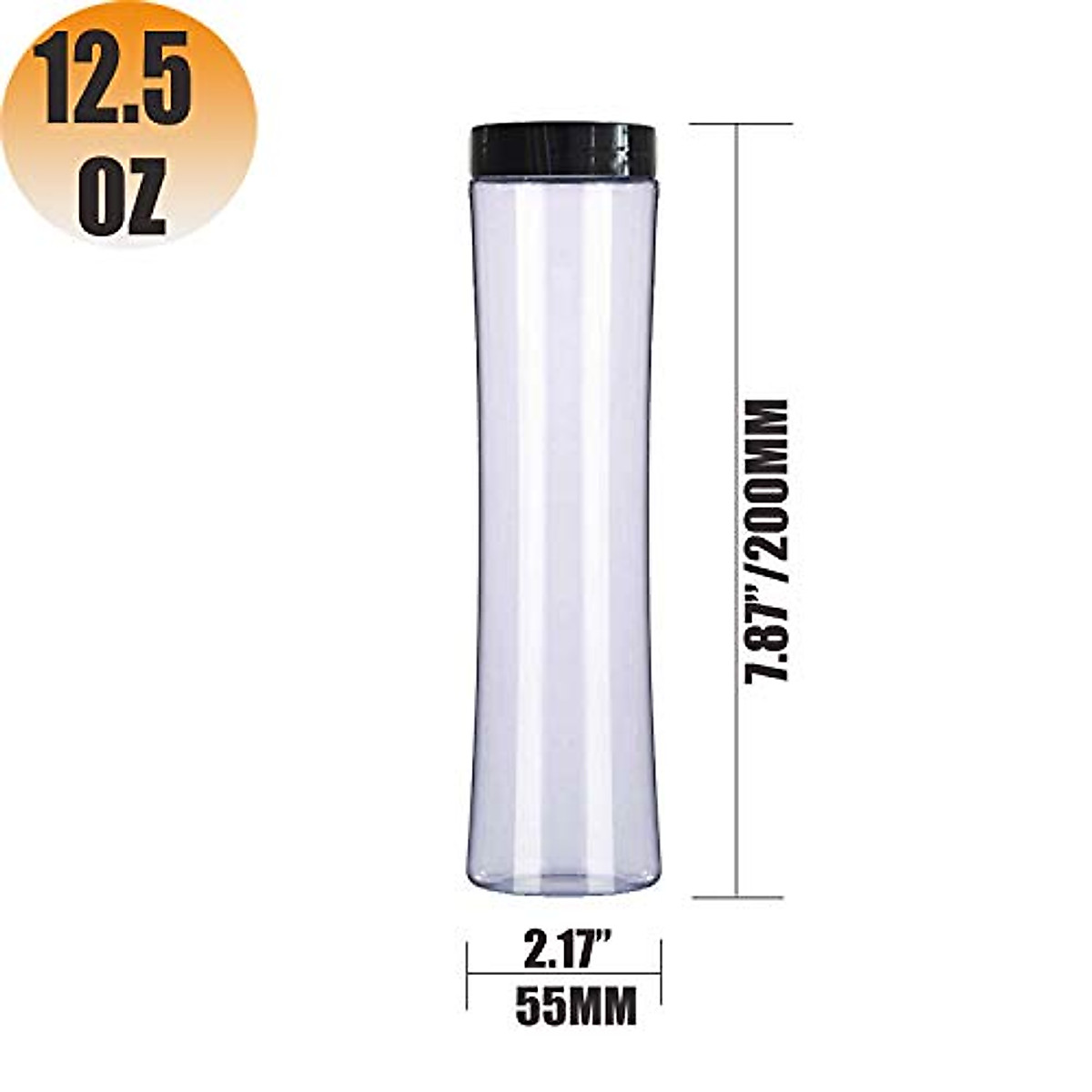 12.5oz (360 ml 12 Pack) Clear Empty Plastic Sensory Bottles with Smooth Lids and Labels - Round Plastic Test Tubes with Screw Caps for Party Gum Balls,Event Jelly Beans - BPA Free (Black Lids)