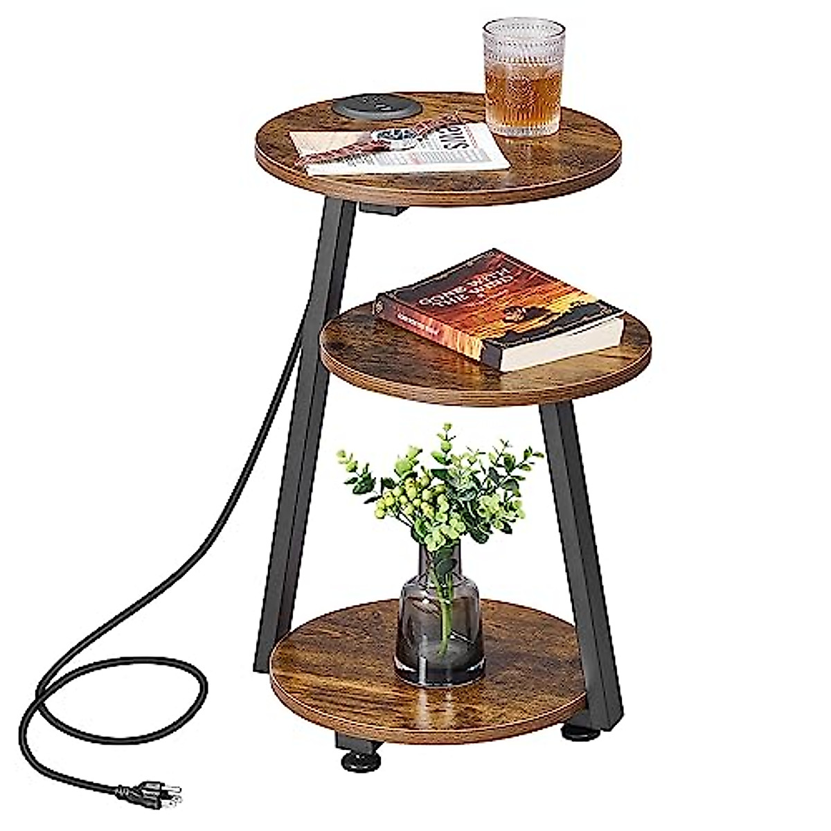BEWISHOME Round End Table with Charging Station, Side Table Accent Table Nightstand Bedside Table with 3-Tier Shelves, Small Table for Living Room Bedroom Couch Table Coffee Table Rustic Brown KTZ51Z