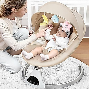 HARPPA Electric Baby Swings for Infants to Toddler, Portable Babies Rocker Bouncer for Newborn Boy and Girls, Motorized Bluetooth Swing, Music Speaker with 12 Preset Lullabies(Khaki)