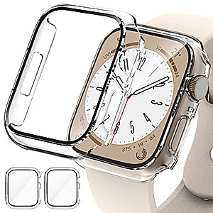 2 Pack Hard PC Case for Apple Watch Series 9 Series 8/7 45mm Screen Protector, EWUONU Tempered Glass Film Hard Bumper Anti-Scratch HD Ultra-Thin Protective Cover for iWatch Series 9/8/7 45mm, Clear