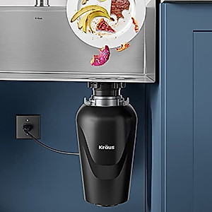 Kraus KWD100-75MBL WasteGuard Continuous Feed Garbage Disposal with 3/4 Horsepower Ultra-Quiet Motor for Kitchen Sinks with Power Cord and Flange Included, 15.25 inch, Black