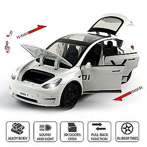 1:24 Scale Model Y Alloy Car Model Diecast Toy Vehicles for Kids, car Model Toy，Pull Back Alloy Car with Lights and Music，Gifts for Adults and Children, Decorative Objects, Collectibles.(Logo White)