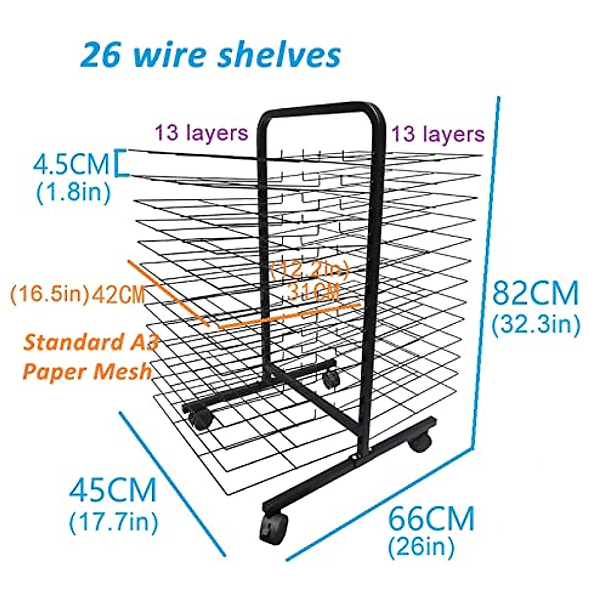 Drying Rack 45 × 66 × 82 cm, Black Metal 26 Wire Shelves Double Sided Mobile Art Drying Rack Stackable Artwork Storage Classroom Painting Drying Shelf for Schools and Art Clubs