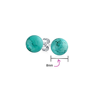 Minimalist Simple Plain Gemstone Blue Stabilized Turquoise Round Ball Stud Earrings For Women .925 Sterling Silver 8 MM