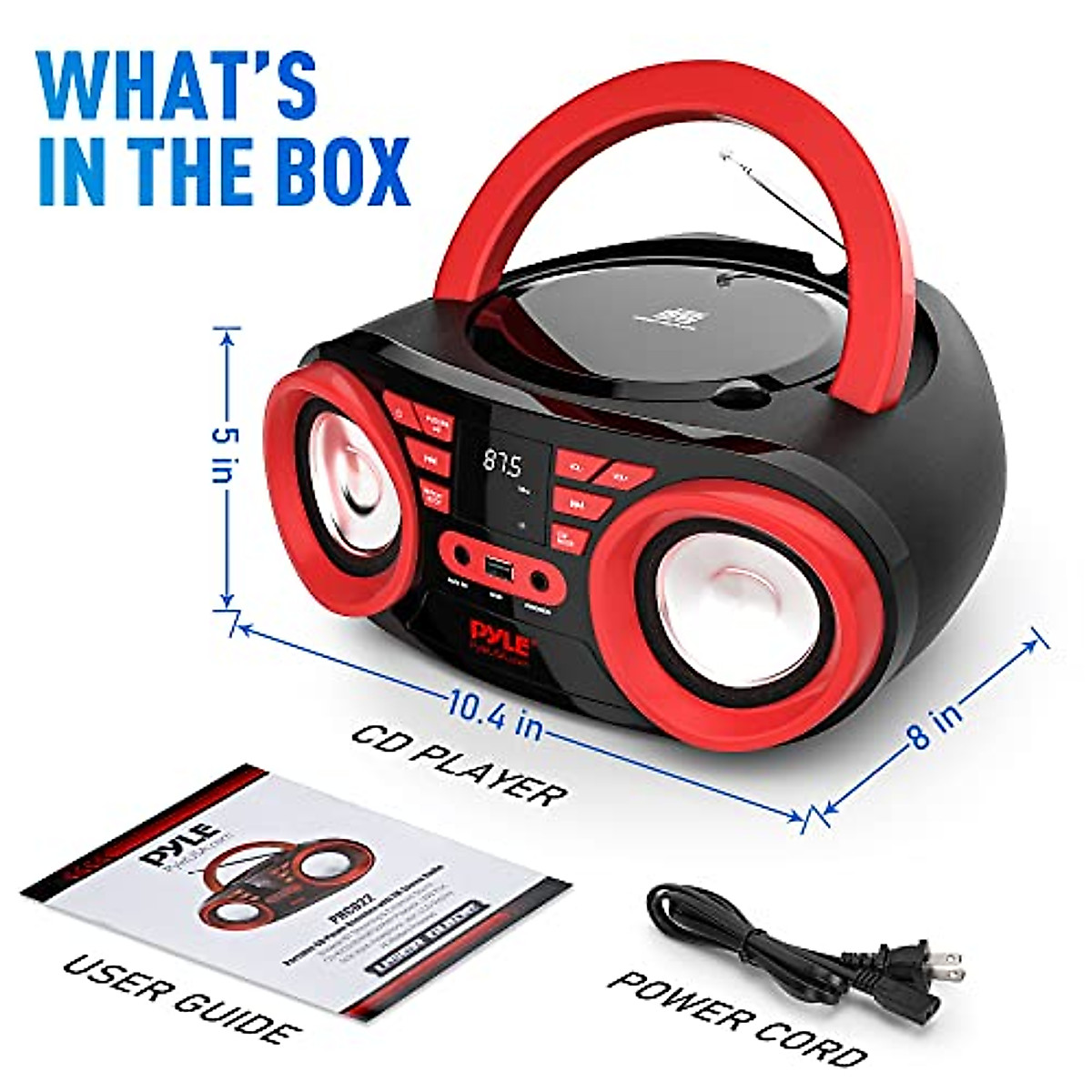 Pyle Portable CD Player Bluetooth Boombox Speaker - AM/FM Stereo Radio & Audio Sound, Supports CD-R-RW/MP3/WMA, USB, AUX, Headphone, LED Display, AC/Battery Powered, Red Black - PHCD22.5