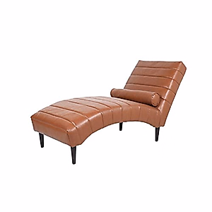 Faux Leather Armless Chaise Lounge Channel Stitching with Lumbar Pillow Cognac