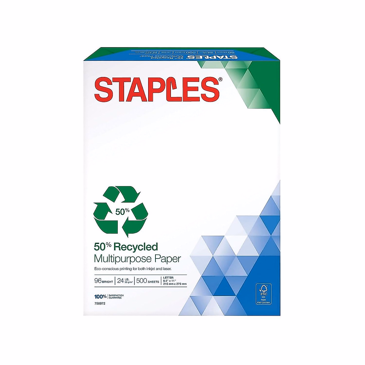 Staples 50 Percent Recycled Multipurpose Paper, 8 1/2" x 11", Ream