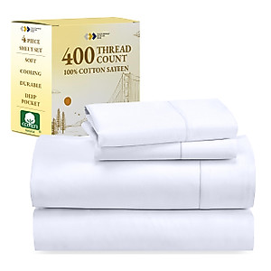 California Design Den Natural 100% Cotton Sheets Queen Sheet Set, Soft 400 Thread Count Sateen Cooling Sheets, Deep Pocket Queen Sheets, 4 Piece Bed Sheets Queen ( Bright White Sheets)
