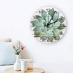 COLORSUM 12" Wooden Round Wall Clock Tropical Plants Succulents Cactus with Wood Plank Texture Battery Operated Silent Non Ticking Clock for Living Room Bathroom Kitchen School Decor
