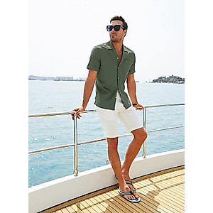 JMIERR Men's Cotton Linen Hawaiian Shirt - Casual Button Down, Cuban Collar, Short Sleeve, Pocket, US 43(L), Green