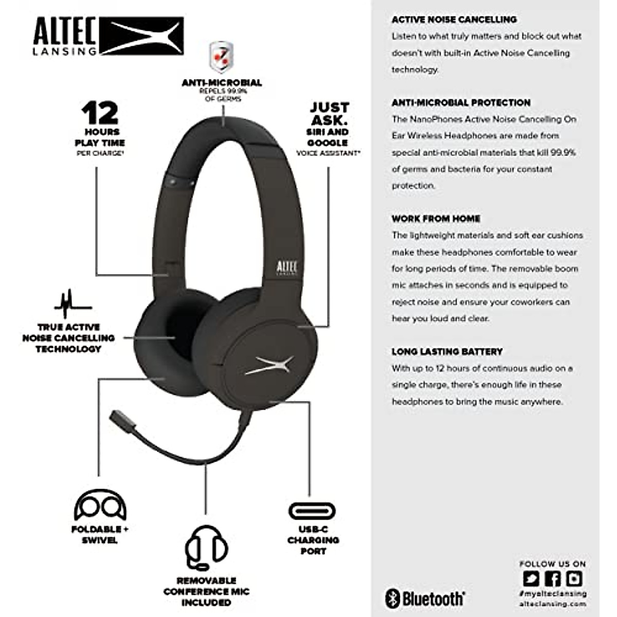 Altec Lansing Nanophones ANC Bluetooth Wireless Active Noise Cancelling Headphones On Ear Headphones 12 Hour Battery Life, Foldable Earcups, Removeable Mic for Working and Learning from Home (Grey)