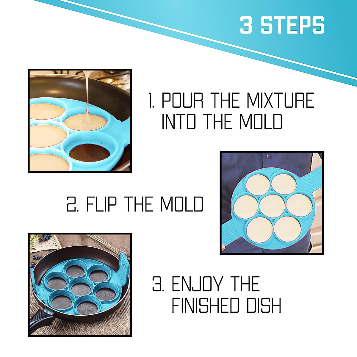 BIOPRONEXT Non Stick Pancake Maker - 7 Circles Mini Pancake Mold - Silicone Pancake Mold - Silicone Egg Rings for Griddle with Handles - Pancake Molds for Griddle Frying Eggs - Blue