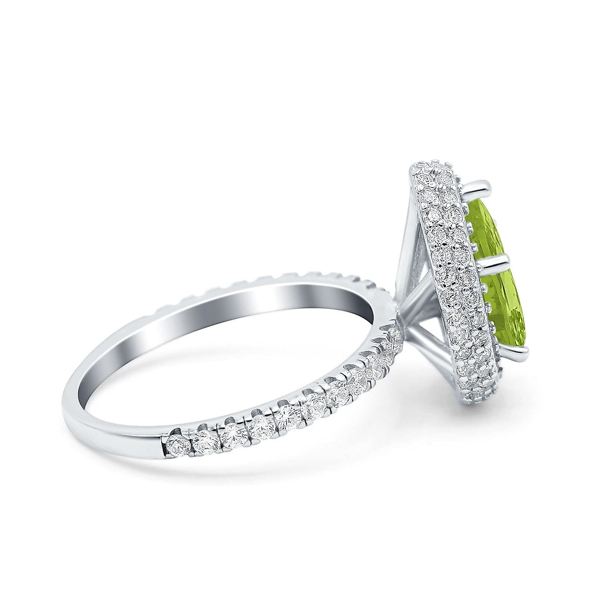 Blue Apple Co. Simulated Peridot Cubic Zirconia Size-7 Teardrop Pear Art Deco Vintage Engagement Wedding Bridal Ring Round Simulated CZ 925 Sterling Silver