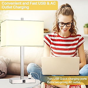 【Upgraded】21" Set of 2 Bedside Touch Control Table Lamp with USB A+C Charging Ports & AC Outlet, 3-Way Dimmable Modern Nightstand Lamp With White Shade for Bedroom, 2700K LED Bulbs Included