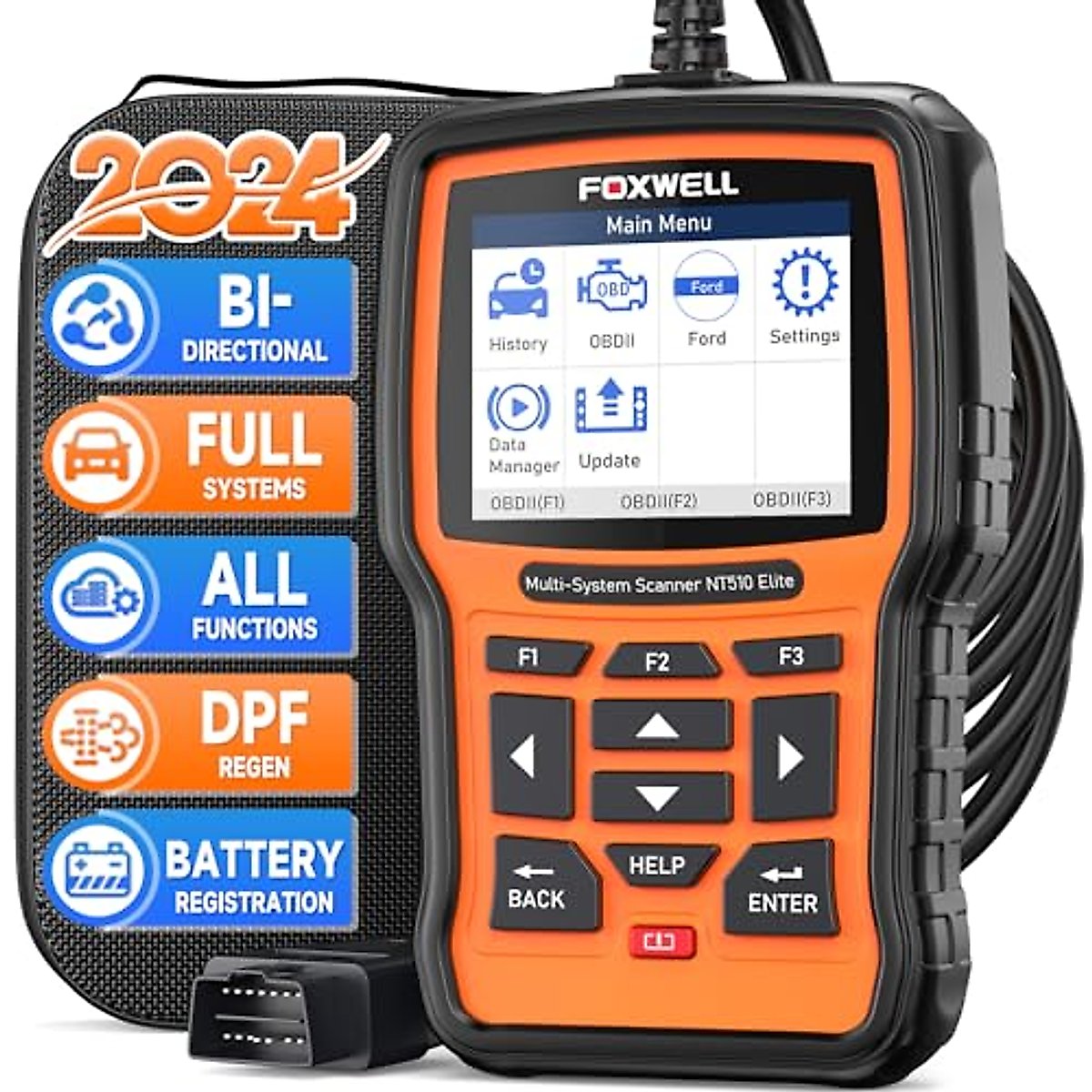 FOXWELL NT510 Elite fit for Ford Lincoln Mercury Diagnostic Tool, Bidirectional OBD2 Scanner, Full Systems Battery Registration All Reset BMS ABS SRS Airbag EPB TPMS DPF Regen, Car Code Reader