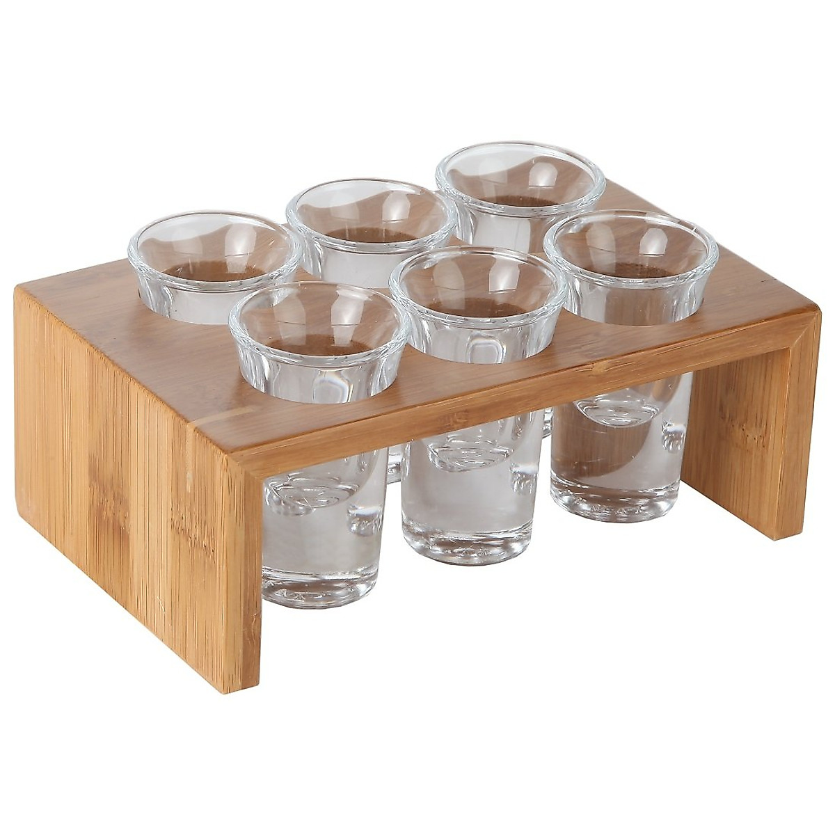 Lily's Home Bamboo Shot Glass Holder Set with 6 Crystal Clear Shot Glasses, Easy to Carry and Sophisticated to Display, Ideal for Liquor Shots at Parties (1 oz. Each Glass)