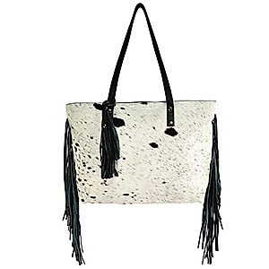 bonanza leathers women's cowhide leather large shoulder tote bag with fringes and zipper closure 505 (black)