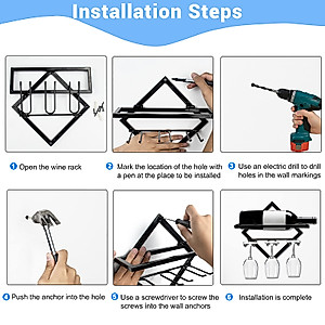 AUHOKY Metal Wall Mounted Wine Holder Stemware Glass Rack, Collapsible Hanging Red Wine Racks Organizer with 3 Stem Glass Holders, Wine Bottle Display Hanger for Home Kitchen Bar Decor