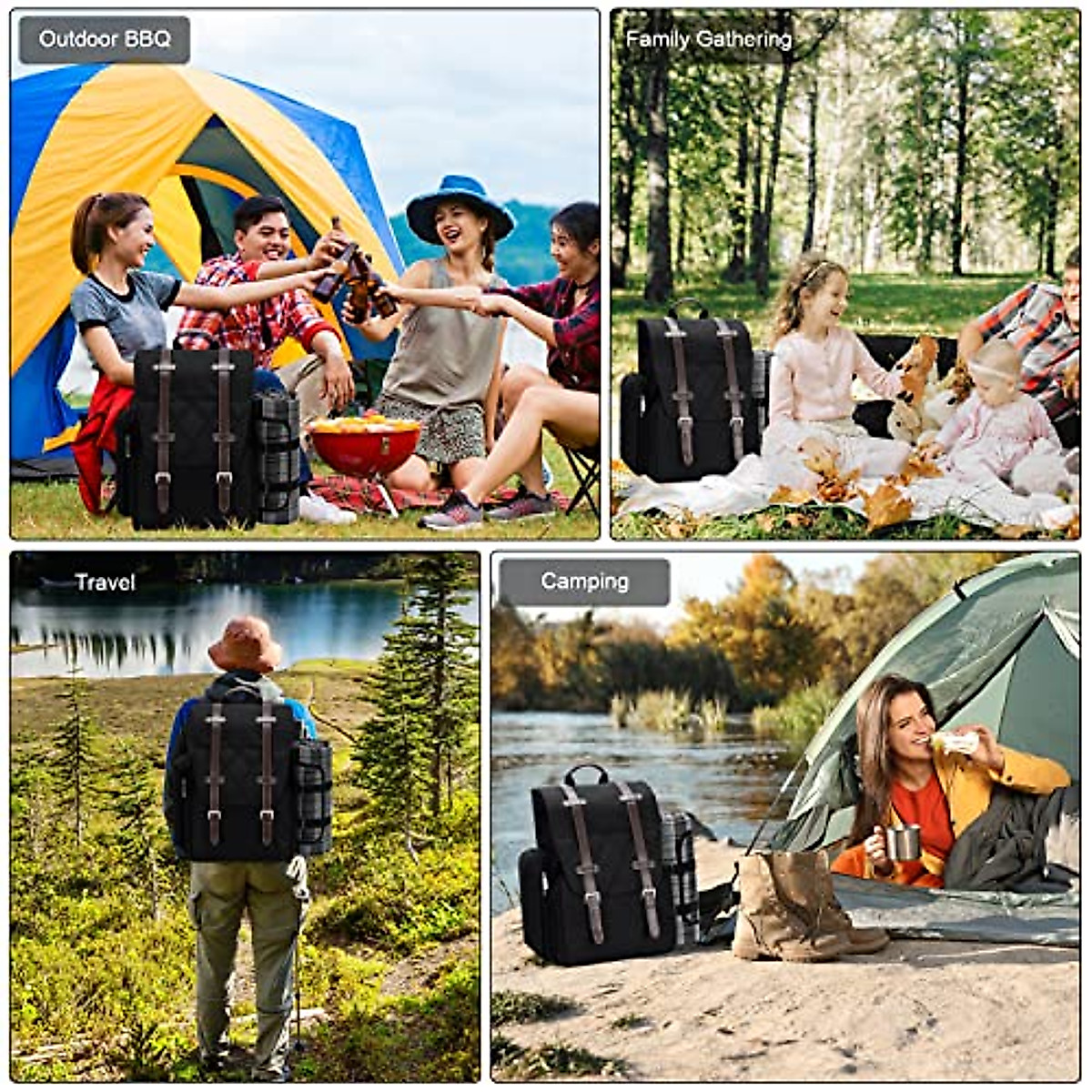 Picnic Backpack for 4 Person with Large Insulated Cooler Bag, Picnic Basket Set with Wine Pouch, Waterproof Picnic Blanket & Cutlery Set. Perfect for Beach, Camping, Party,Wedding Gift for Couple.