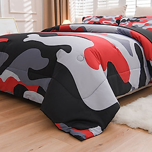 Meeting Story Camouflage Bedding Set, Colorful Pattern Style Comforter Set, 5 PCS One Comforter Two Pillowcases Two Sheets in One Bag, All Season Bedspread for Teens Adults (Red-Black, Full 5Pcs)