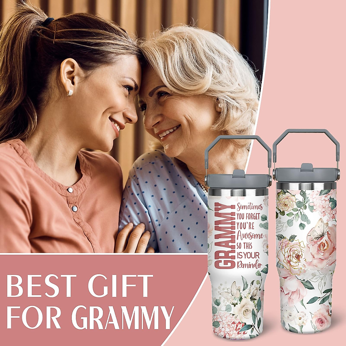 ysnifeiw 30oz Grandma Tumbler with Handle and Straw, Stainless Steel Insulated Nana Cup with Top Handle and Lid, Grandma Coofee Mug Christmas Birthday Gifts for Grammy/Gigi/Mimi