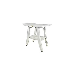 CoastalVogue Teak Satori Shower Bench Wooden Seat Spa Shower Stool with Curved Seat and Shelf Teak Wood Shower Bench in Antique White Finish - 18 inches Length x 12” Width