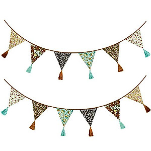 12Pcs/13Ft Fabric Triangle Flags Cotton Tassel Banner, Vintage Floral Bunting Pennant Garland for Wedding,Birthday Parties,Baby Shower,Festivals,Nursery,Home,Outdoor Boho Hanging Decoration(Brown)