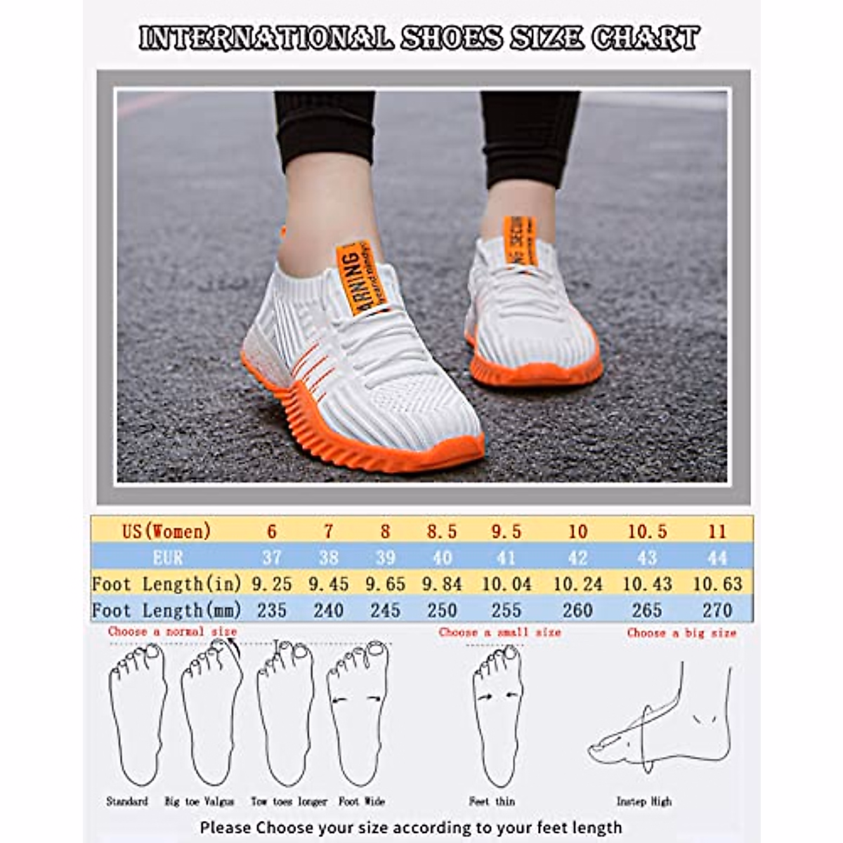mitvr Womens Colorful Sneakers Fashion Sports Shoes Breathable Casual Walking Shoes,White Orange,41EU=9.5 M US Women