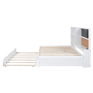 White Full Daybed with Twin Size Trundle, USB Ports and Storage Shelves, Wood Full Size Bed Frame with Blackboard, Cork board and Bookshelf, Full Sofa Bed for Living Room Bedrooms