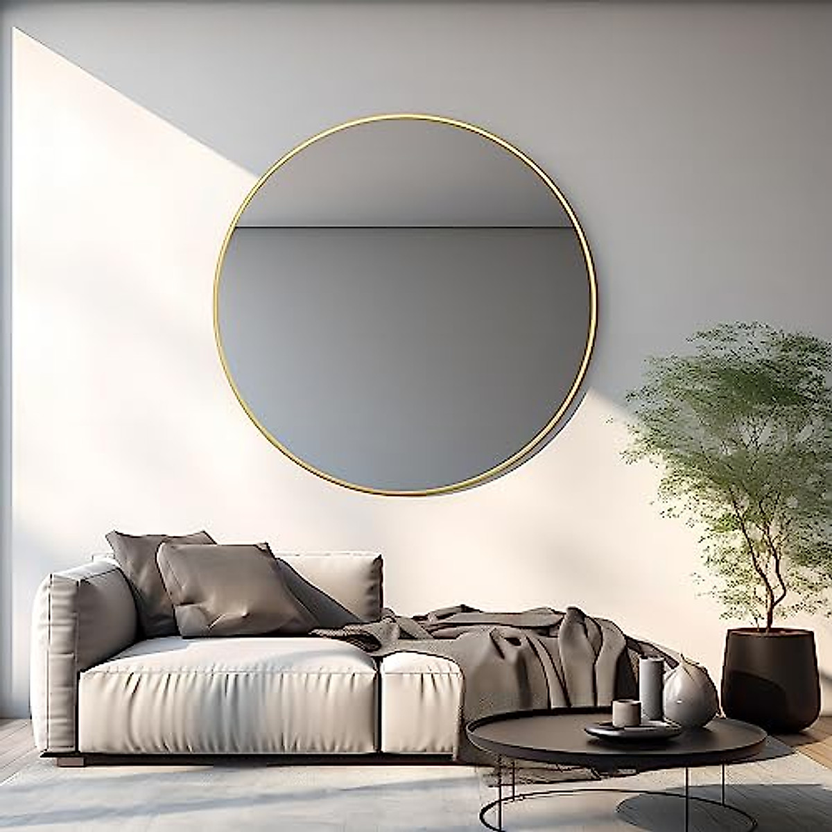 Growsun 48 inch Large Gold Round Mirror, Bathroom Mirror for Wall, Metal Frame Round Mirror for Fireplace Living Room Wall Decor