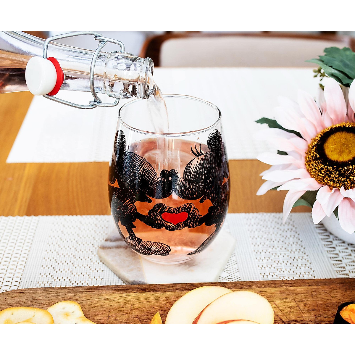 Disney Mickey and Minnie Mouse Heart Teardrop Stemless Wine Glass | Tumbler Cup For Mimosas, Cocktails
