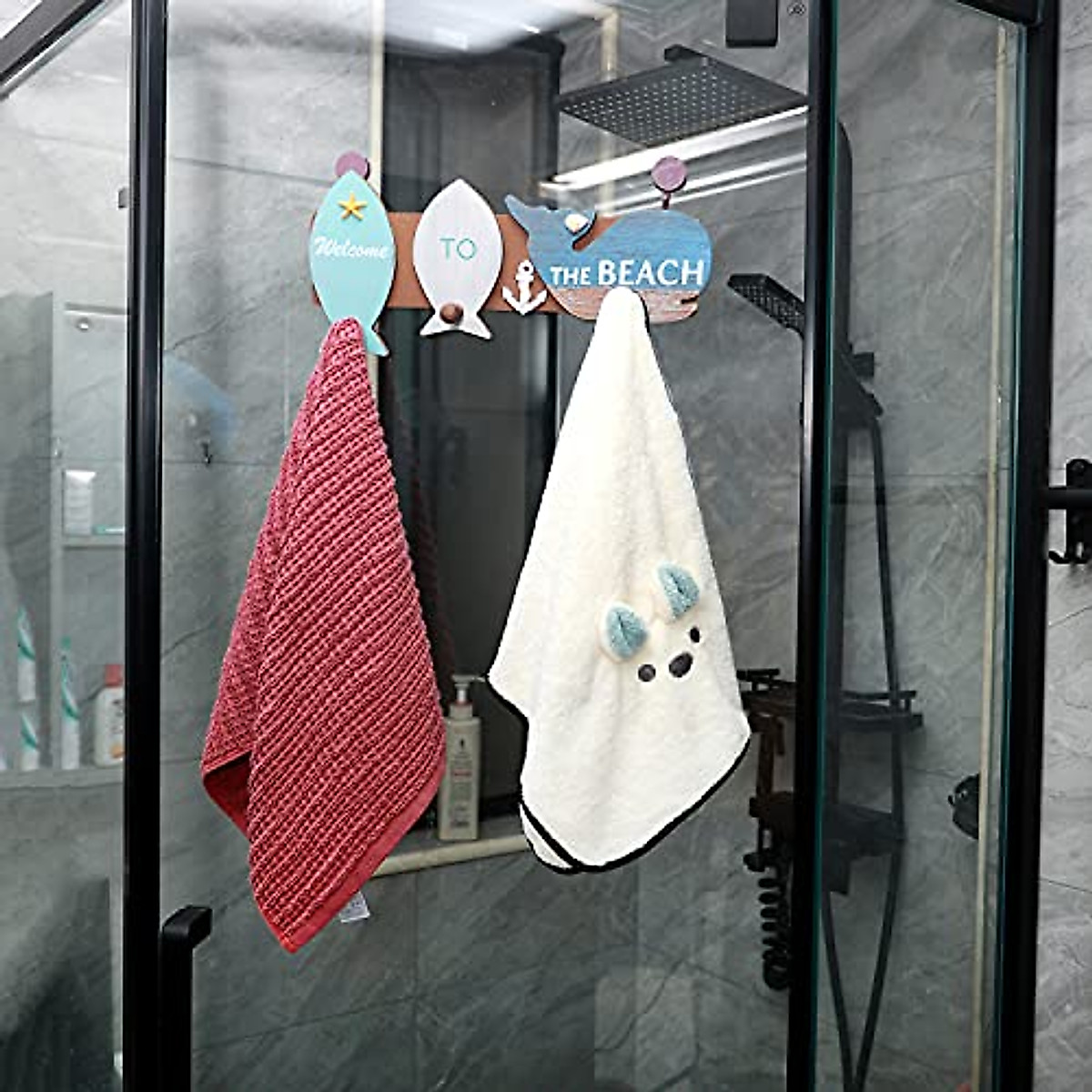 2-Pack Nautical Theme Hook Wall Mounted Wooden Coat Rack Key Hooks, Wooden Fish Welcome Key Holder for Wall with 3 Hooks Organizer, Welcome Door Wall Hook with Beach Nautical Decoration