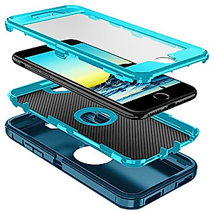 Mieziba for iPhone SE 2020 Case, [Built in Screen Protector] Heavy Duty Shockproof Dust [3 Layers] Full Body Protection Rugged Durable Cover Case for iPhone SE(2nd Gen 2020) 4.7",Turquoise