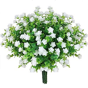 Flojery 6Pcs Artificial Flowers UV Resistant Fake Flower Greenery Eucalyptus Plants with Flower for Porch Window Box Home Garden Decor (White)