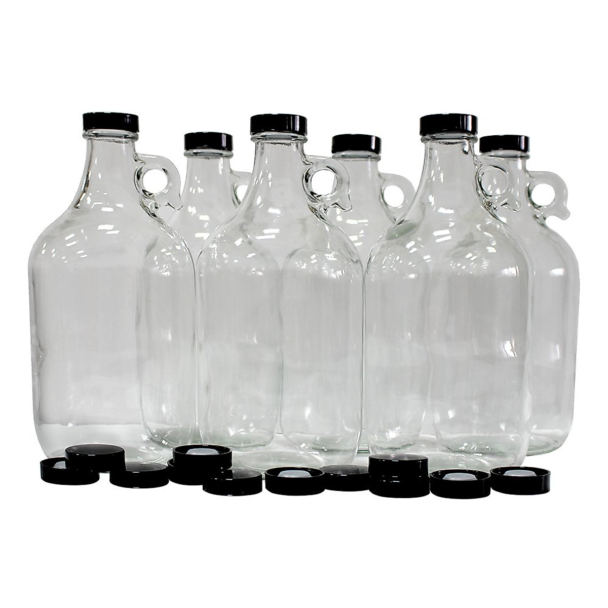 FastRack 64 oz Growler, 1/2 Gallon Glass Beer Growler, Half Gallon Glass Jug, 1/2 Gallon Glass Jug, Set of 6, Comes with 12 Extra Poly Seal Caps & Twin Bubble Airlock and Carboy Bung (Pack of 2)