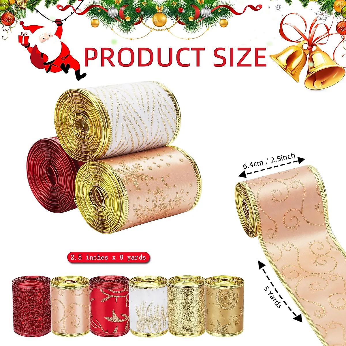 8 Rolls Wired Ribbon for Christmas Tree - 2.5 Inch x 40 Yards Assorted Elegant Organza Glitter Christmas Ribbon for Crafts, Wreath, Home Decoration (Red & White)