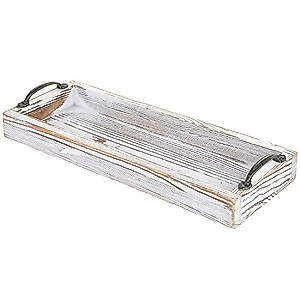 MyGift Weathered White Solid Wood Toilet Tank Tray, 16 Inch Rectangular Bathroom Vanity Tray with Aged Bronze Metal Handles