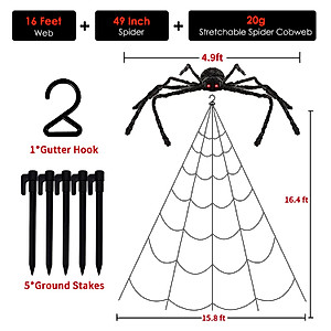 Giant Halloween Spider Web Decoration Large Spider Web for Outside House Fake Triangular Spider Web 17Feet Big Spider 59" and 20g Stretchable Spider Cobweb for Outdoor Yard Lawn Wall Home Porch House