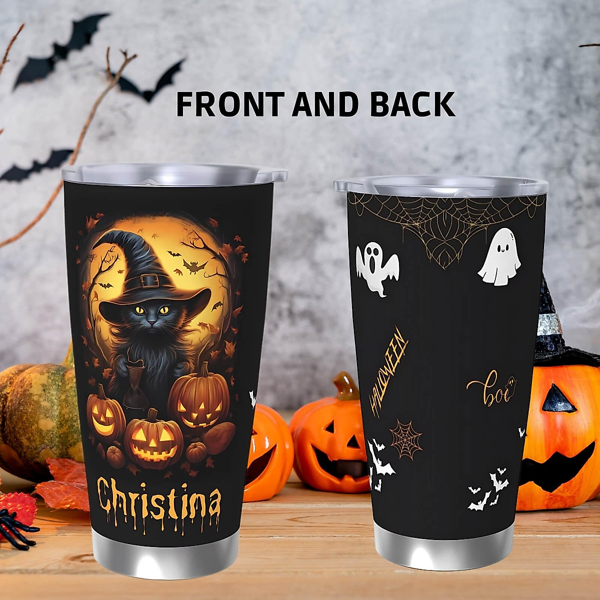 LoGiftFor Personalized Halloween Black-Cat Tumbler - Witch Pumpkin Halloween Gifts For Women Men - Spooky Season Cat Gift For Cat Lovers - Custom Halloween Tumblers Coffee Cup 20oz Lid