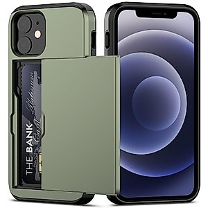 Nvollnoe for iPhone 12 Mini Case with Card Holder Heavy Duty Protective Dual Layer Shockproof Hidden Card Slot Slim Wallet Case for iPhone 12 Mini for Men&Women(Green)