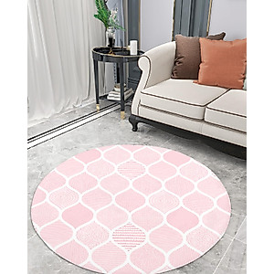 Morocco Pink Fluffy Round Area Rug Carpets 5ft,Plush Shaggy Carpet Soft Circular Rugs,Non-Slip Fuzzy Accent Floor Mat for Living Room Bedroom Nursery Home Decor Geometric Minimalist Boho Indian Print