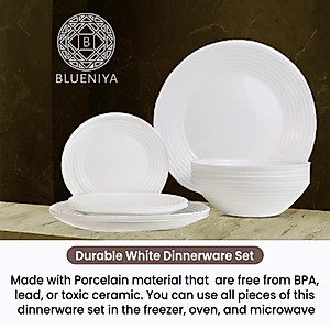 Blueniya 12 Piece White Opal Dinnerware Set, Opal Dinner Set, Kitchen Non-Toxic, Scratch & Chip Resistant, Microwave, Dishwasher Safe - 4pc Dinner Plate, 4pc Salad Plate, 4pc Cereal Bowl