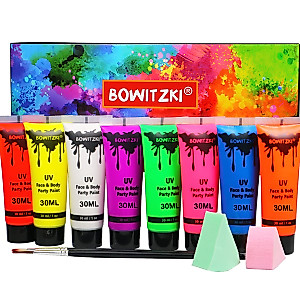 Bowitzki UV Neon Face and Body Paint 8 x 30ml (1.0 fl oz) Liquid Large Kit Black Light Glow in the Dark Makeup Set Fluorescent Painting for Adults Kids Music Festivals Party Halloween Christmas
