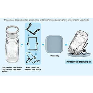 FAMNONE Sprouting Jar kit (Not Include Jar), 4 PCS 316 Stainless Steel Sprouting Lids for Regular and Wide Mouth Mason Jars, 2 Stainless Steel Sprouting Stands, 2 Drip Tray, Cleaning Brush